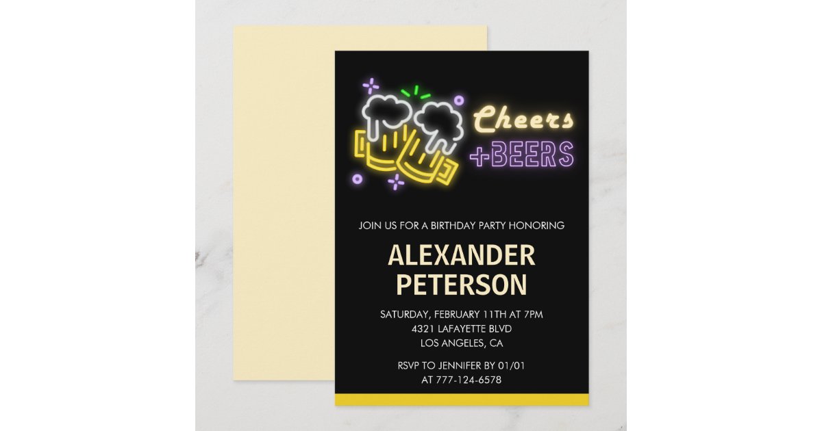 Cheers Beer 42nd birthday invitation Men Neon Glow | Zazzle