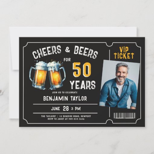 Cheers Beers Ticket Men Black 50th Birthday Photo Invitation | Zazzle