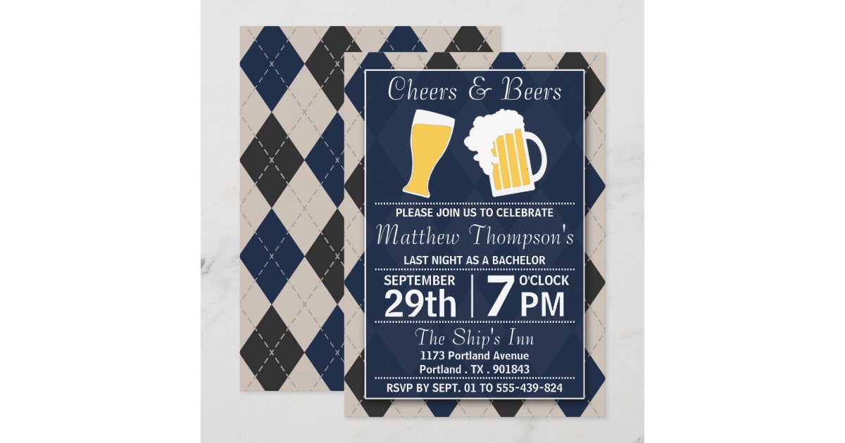 Cheers & Beers Trendy Navy Bachelor Party Invitation | Zazzle