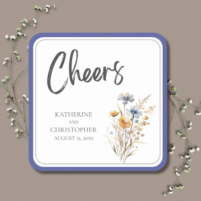 Cheers Elegant Blue Wildflower Floral Wedding Square Paper Coaster | Zazzle