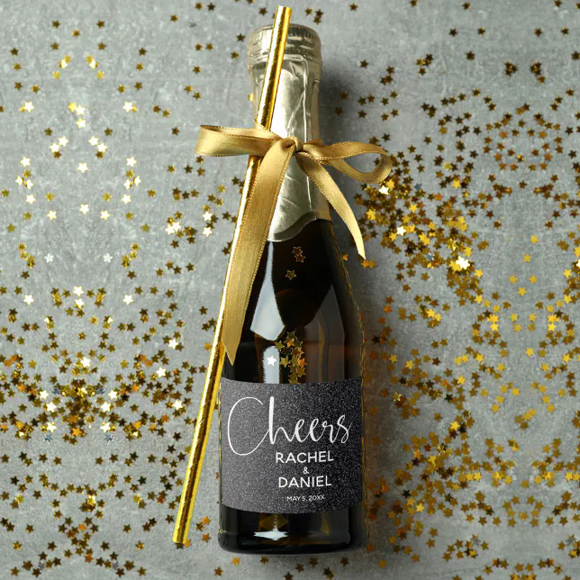 Cheers Faux BLACK GLITTER Wedding Mini Sparkling Wine Label | Zazzle