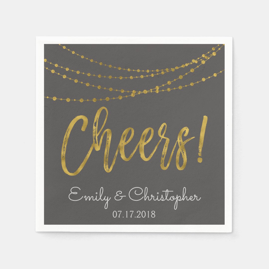 Cheers Gold Foil String Lights and Charcoal Grey Napkins | Zazzle