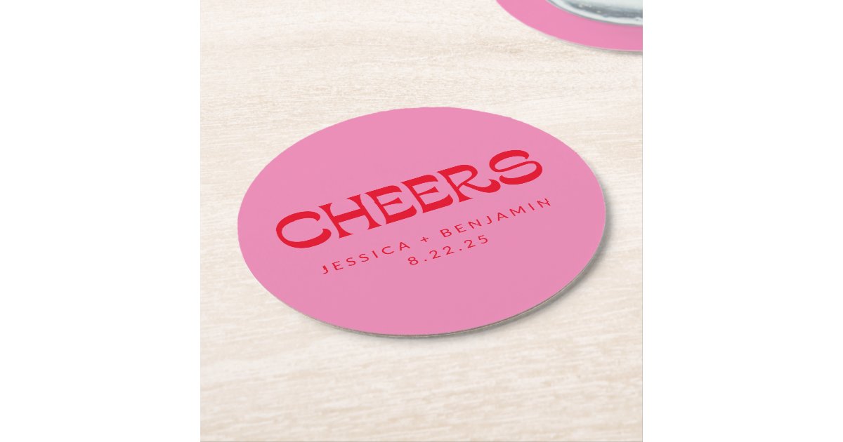 Cheers Groovy Pink Red Typography Names Wedding Round Paper Coaster ...