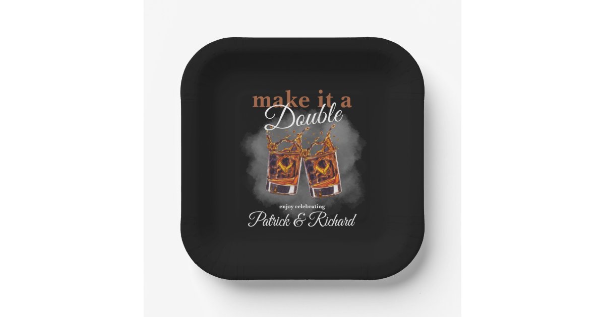 Cheers Make it a Double Celebration Whiskey Glass Paper Plates | Zazzle