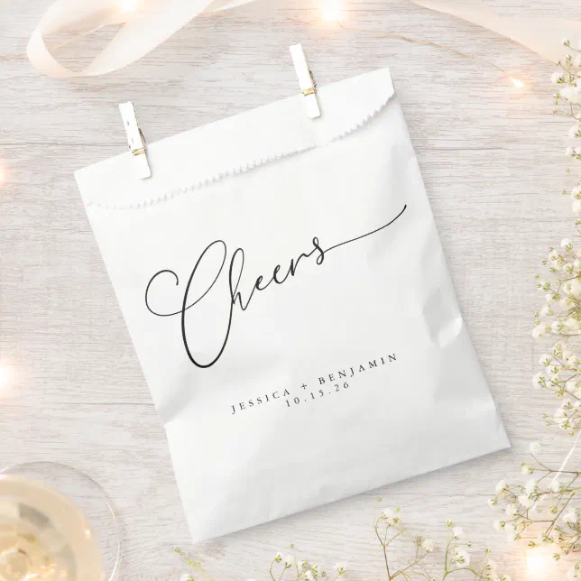 Cheers Minimal Black White Script Custom Wedding Favor Bag | Zazzle