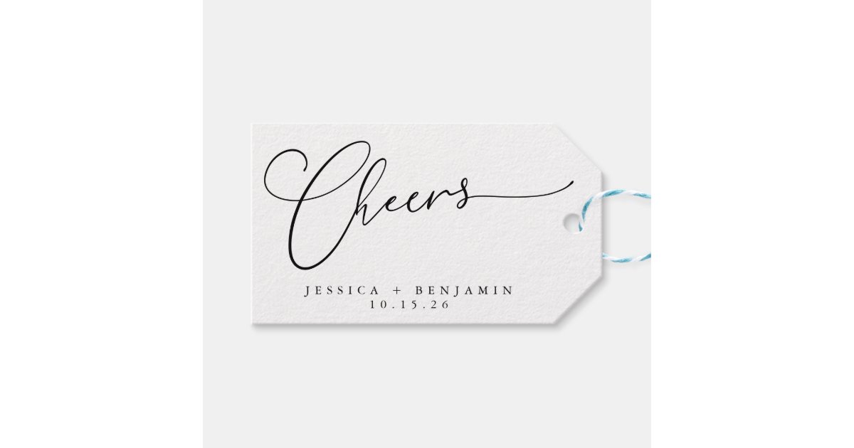 Cheers Minimal Black White Script Custom Wedding Gift Tags | Zazzle