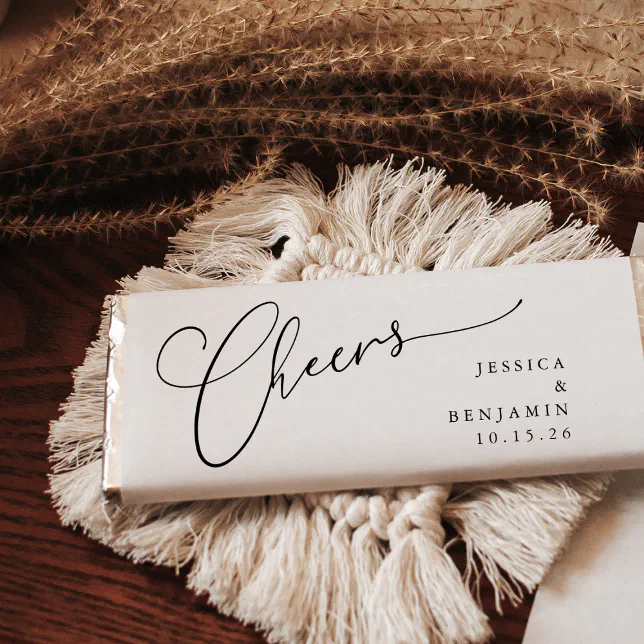 Cheers Minimal Black White Script Custom Wedding Hershey Bar Favors ...