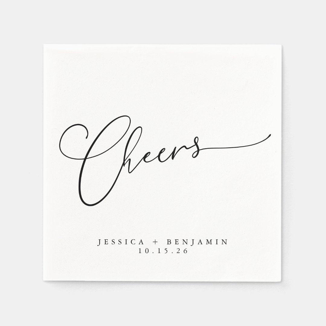Cheers Minimal Black White Script Custom Wedding Napkins | Zazzle
