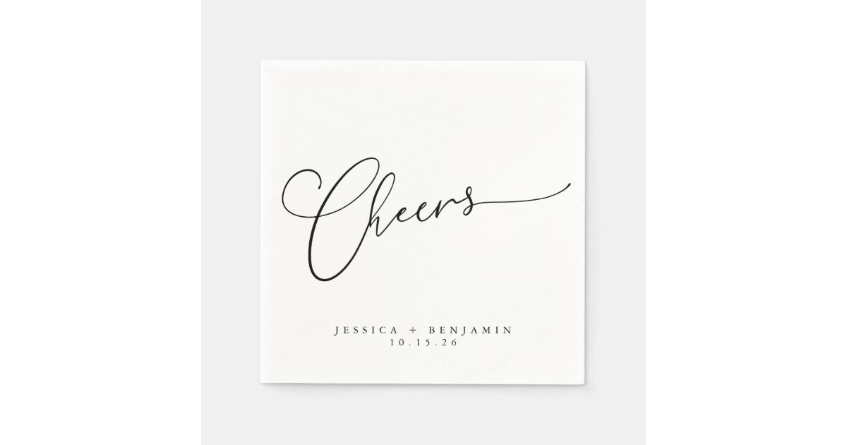 Cheers Minimal Black White Script Custom Wedding Napkins | Zazzle