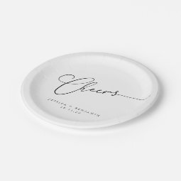 Cheers Minimal Black White Script Custom Wedding Paper Plates | Zazzle