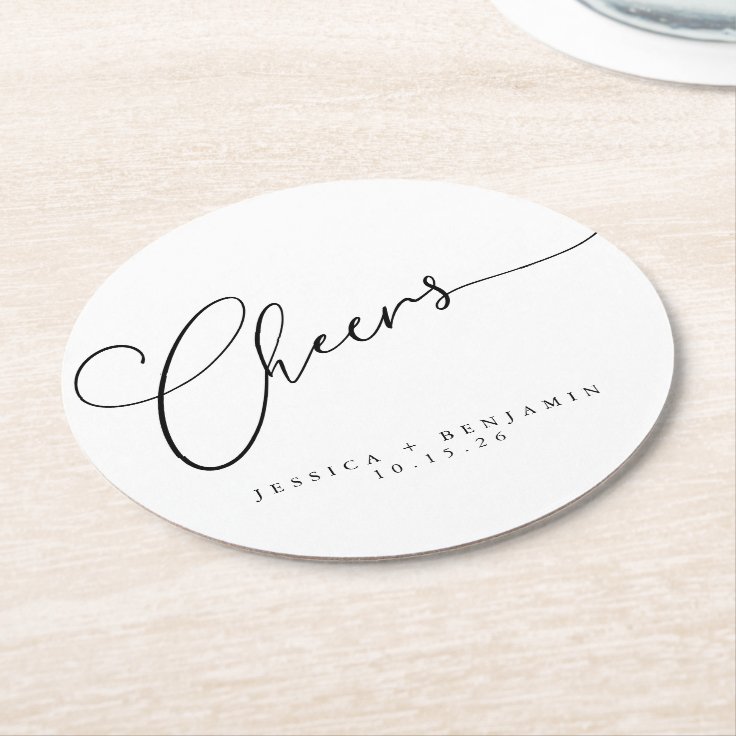 Cheers Minimal Black White Script Custom Wedding Round Paper Coaster ...