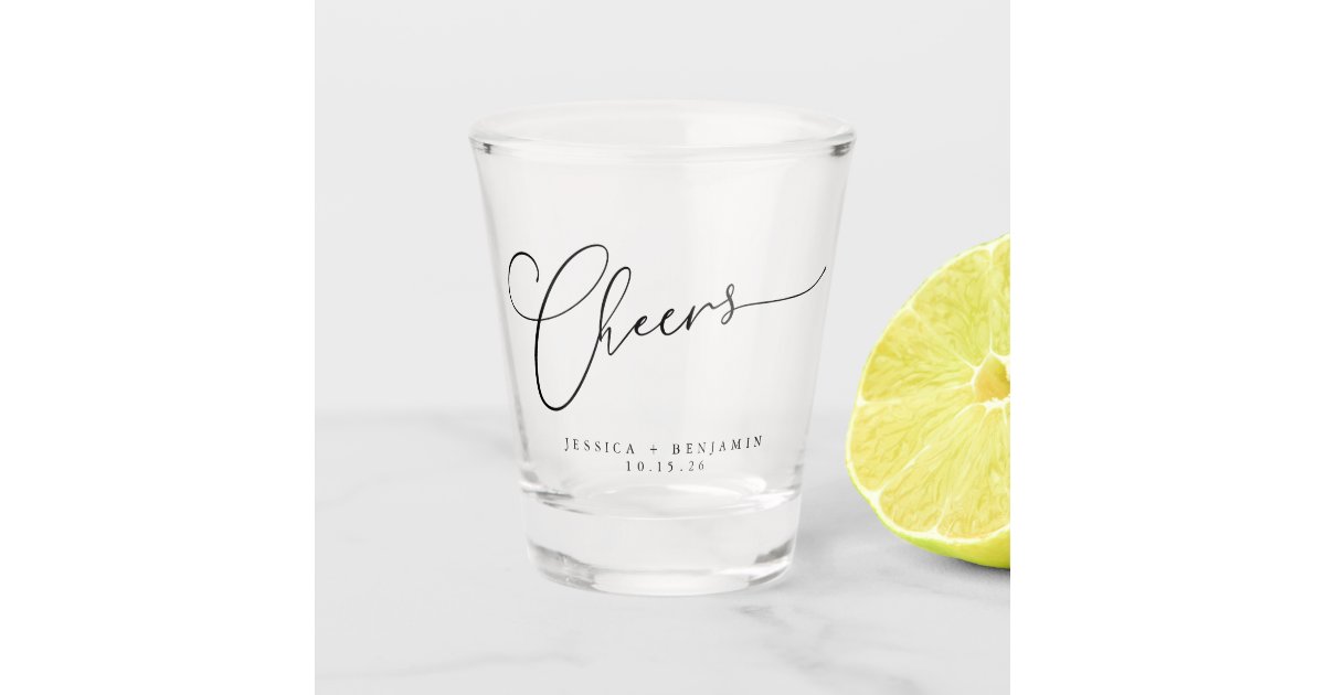Cheers Minimal Black White Script Custom Wedding Shot Glass | Zazzle