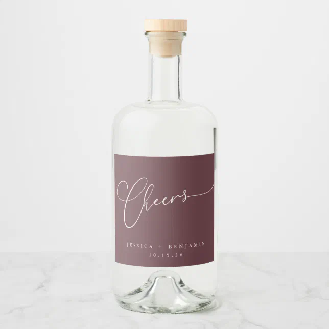 Cheers Minimal Burgundy Script Custom Wedding Liquor Bottle Label | Zazzle
