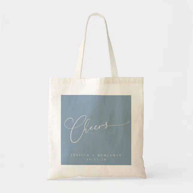 Cheers Minimal Dusty Blue Script Custom Wedding Tote Bag | Zazzle