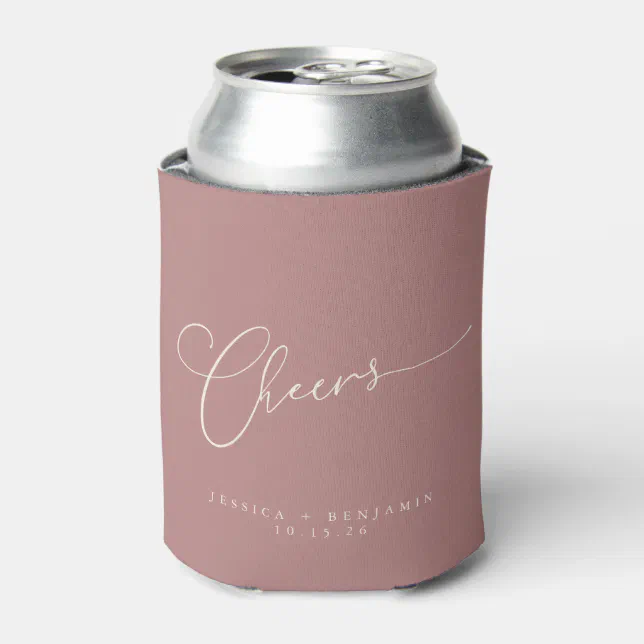 Cheers Minimal Dusty Rose Script Custom Wedding Can Cooler | Zazzle