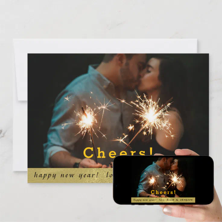 CHEERS Modern Photo & Gold Border New Year Holiday Card | Zazzle