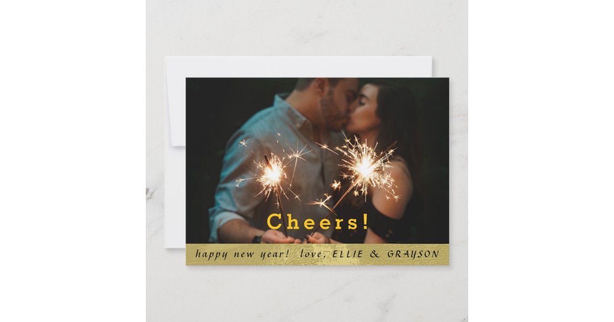 CHEERS Modern Photo & Gold Border New Year Holiday Card | Zazzle
