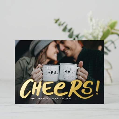 Cheers one photo bold happy new year foil holiday card | Zazzle