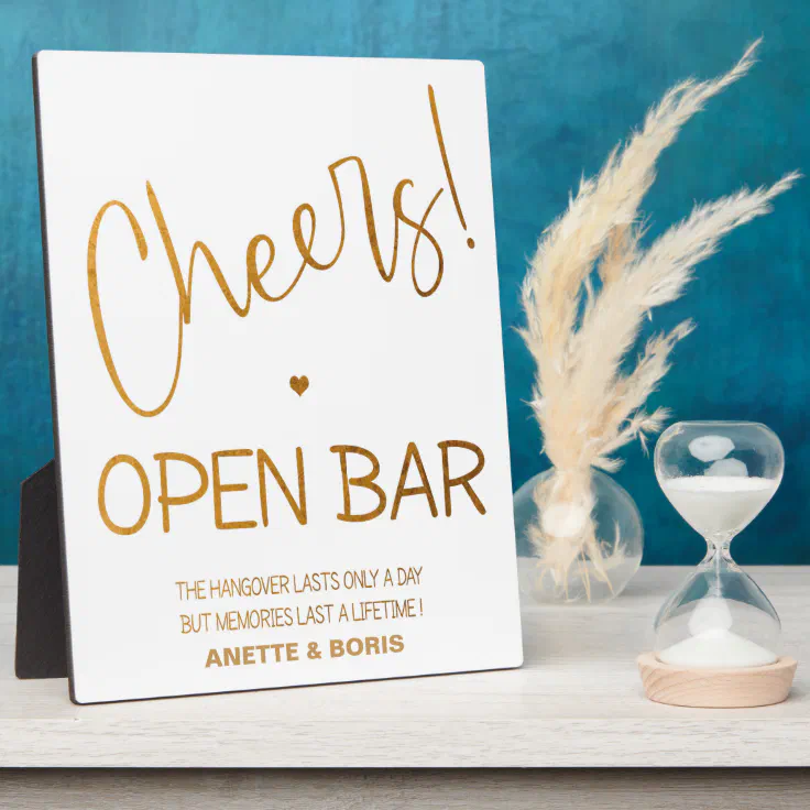 Cheers Open bar sign Gold Tabletop Plaque | Zazzle