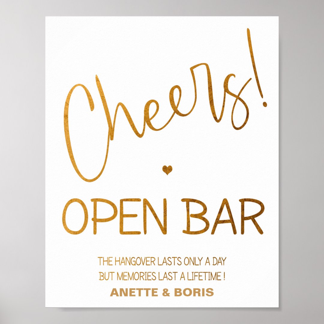 Cheers Open bar wedding sign 8x10 poster | Zazzle