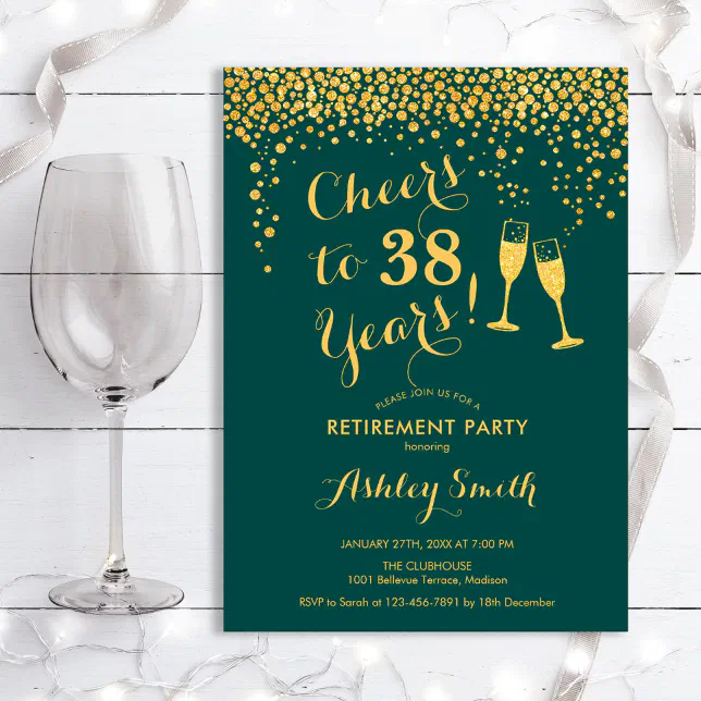 Cheers Retirement Party - Emerald Green Gold Invitation | Zazzle