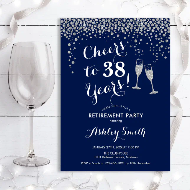 Cheers Retirement Party Invitation Navy Silver | Zazzle