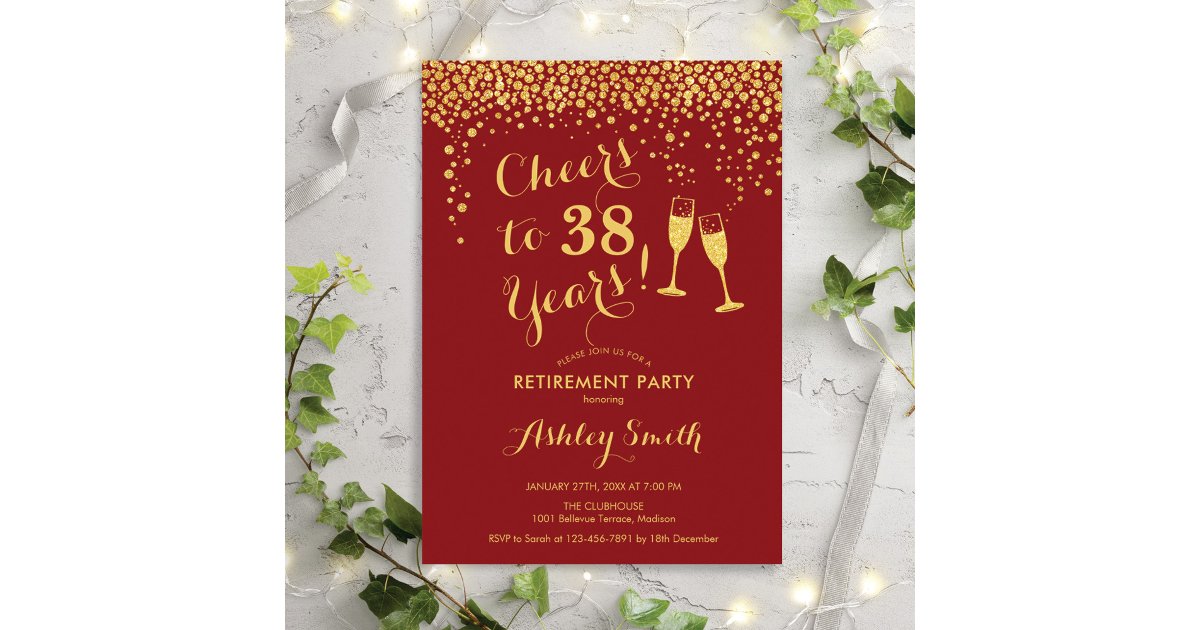 Cheers Retirement Party Invitation Red Gold | Zazzle