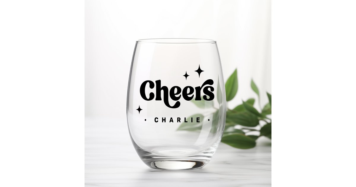 Cheers retro font stars custom name stemless wine glass | Zazzle