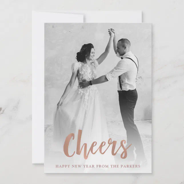 Cheers | Rose Gold Happy New Year Photo Holiday Card | Zazzle