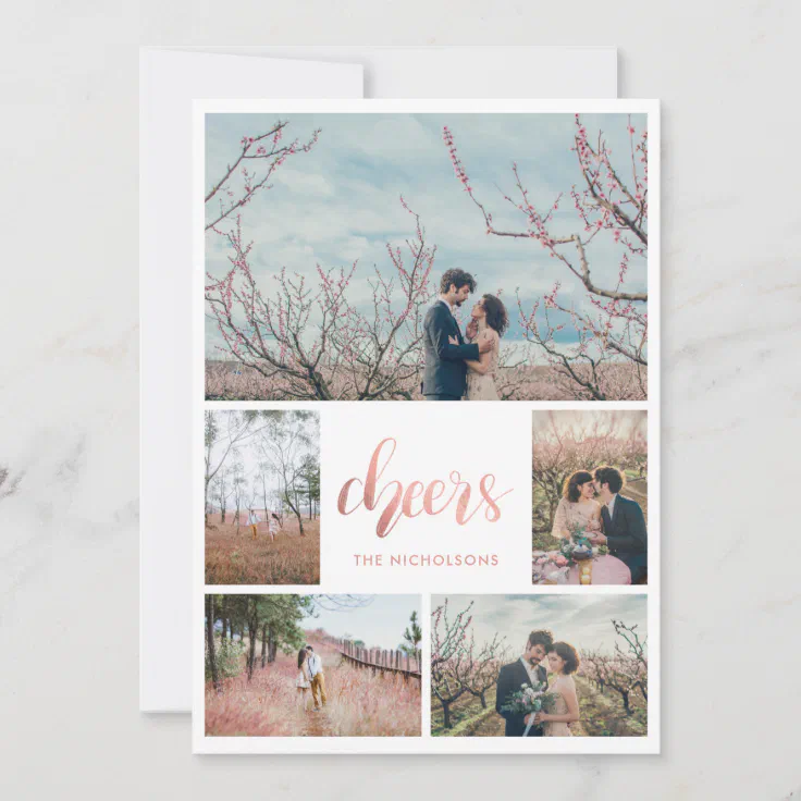 Cheers Rose Gold Typography Photo | Snowflakes Holiday Card | Zazzle
