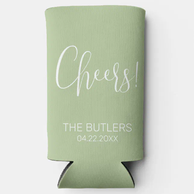 Cheers! Sage Green Wedding Seltzer Can Cooler | Zazzle