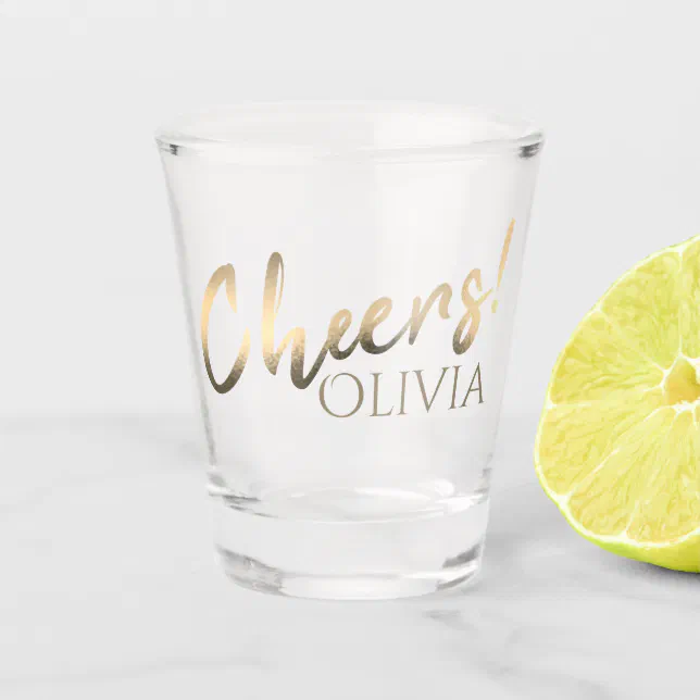 Cheers Stylish Gold Script Custom Name Shot Glass | Zazzle