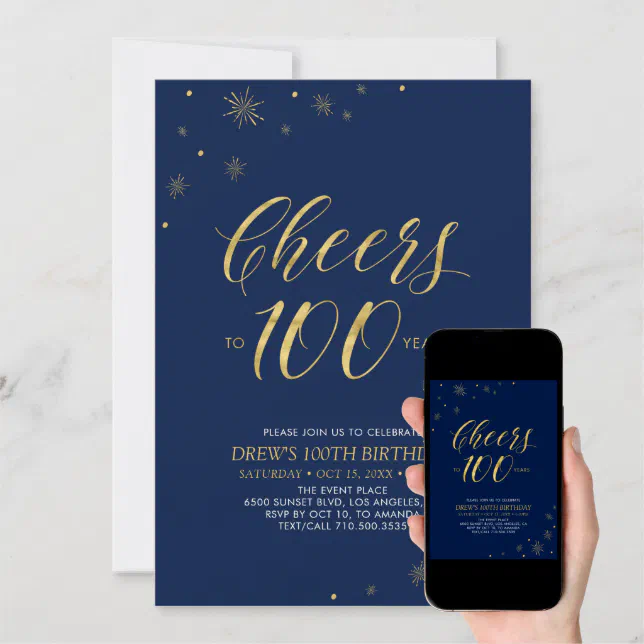 Cheers to 100 | Gold & Navy 100th Birthday Party Invitation | Zazzle