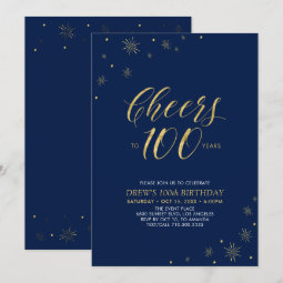 Cheers to 100 | Gold & Navy 100th Birthday Party Invitation | Zazzle