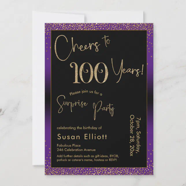 Cheers to 100 Years Surprise Birthday Party Purple Invitation | Zazzle