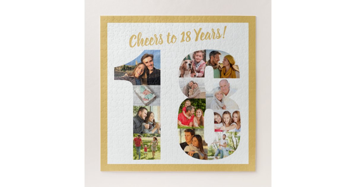 Cheers to 18 Years Number 18 Photo Collage Square Jigsaw Puzzle | Zazzle