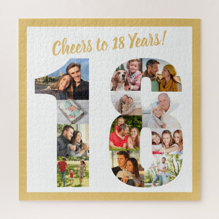 Cheers to 18 Years Number 18 Photo Collage Square Jigsaw Puzzle | Zazzle