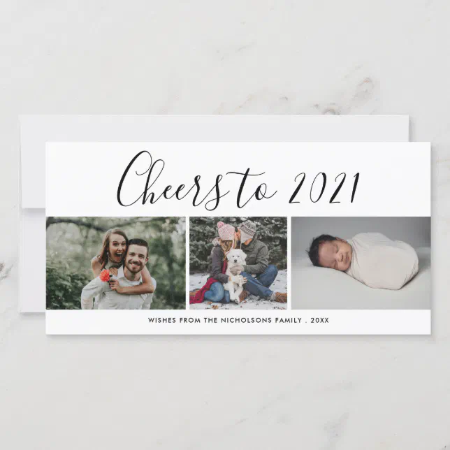 Cheers To 2021 Script Three Photo Collage Modern Holiday Card | Zazzle