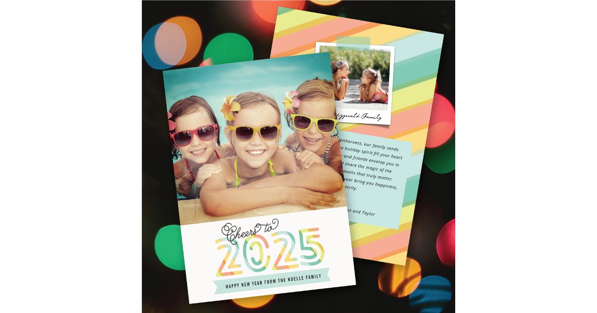 Cheers to 2025 Citrus Stripes Happy New Year Photo Holiday Card | Zazzle