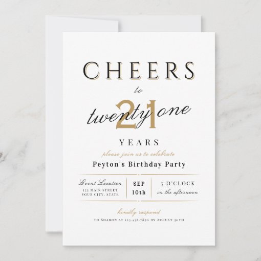 Cheers to 21 years elegant modern classy birthday invitation | Zazzle