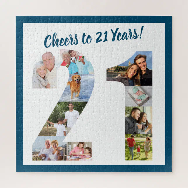 Cheers to 21 Years Number 21 Photo Collage Square Jigsaw Puzzle | Zazzle