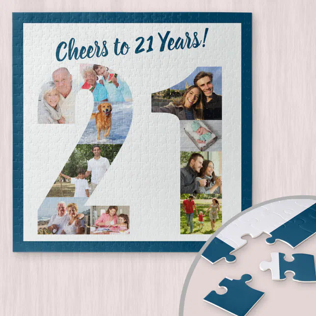 Cheers to 21 Years Number 21 Photo Collage Square Jigsaw Puzzle | Zazzle