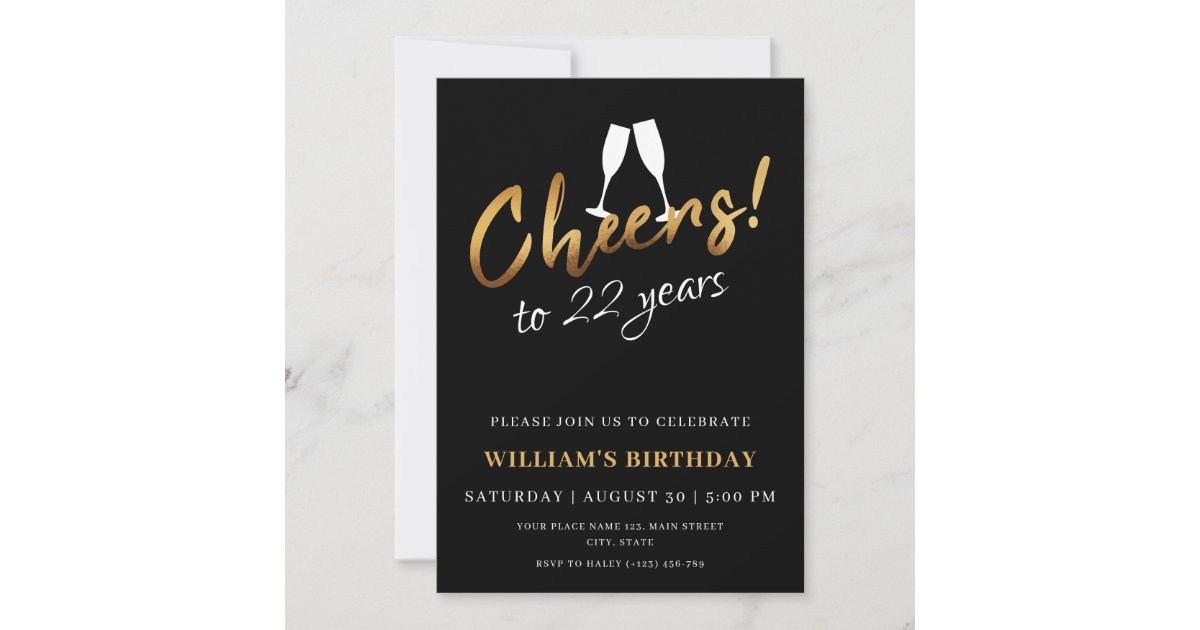 Cheers to 22 Years Gold Black Adult Birthday Photo Invitation | Zazzle