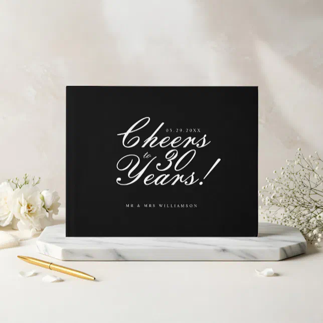 Cheers to 30 Years Script Photo Anniversary Black Guest Book | Zazzle