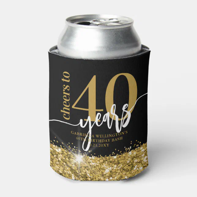 Cheers to 40 Years Gold Glitter Birthday Favor Can Cooler | Zazzle