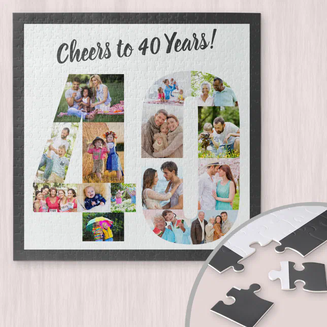 Cheers to 40 Years Number 40 Photo Collage Square Jigsaw Puzzle | Zazzle