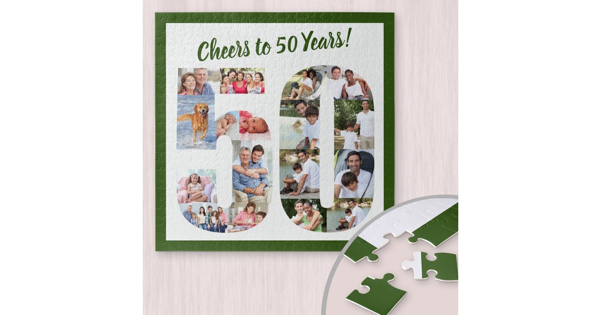 Cheers to 50 Years Number 50 Photo Collage Square Jigsaw Puzzle | Zazzle