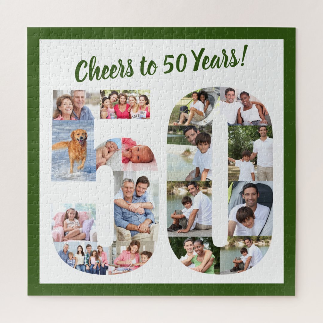 Cheers to 50 Years Number 50 Photo Collage Square Jigsaw Puzzle | Zazzle