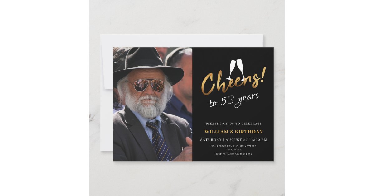 Cheers to 53 Years Gold Black Adult Birthday Photo Invitation | Zazzle