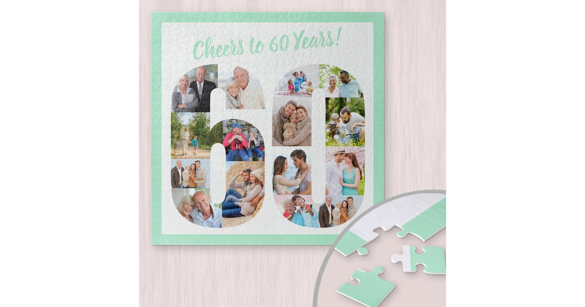 Cheers to 60 Years Number 60 Photo Collage Square Jigsaw Puzzle | Zazzle